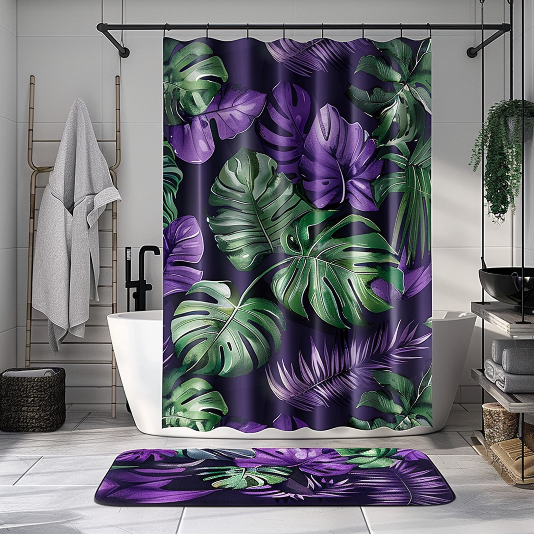 Hyper Realistic Purple and Green Tropical Leaves Bathroom Set with ...