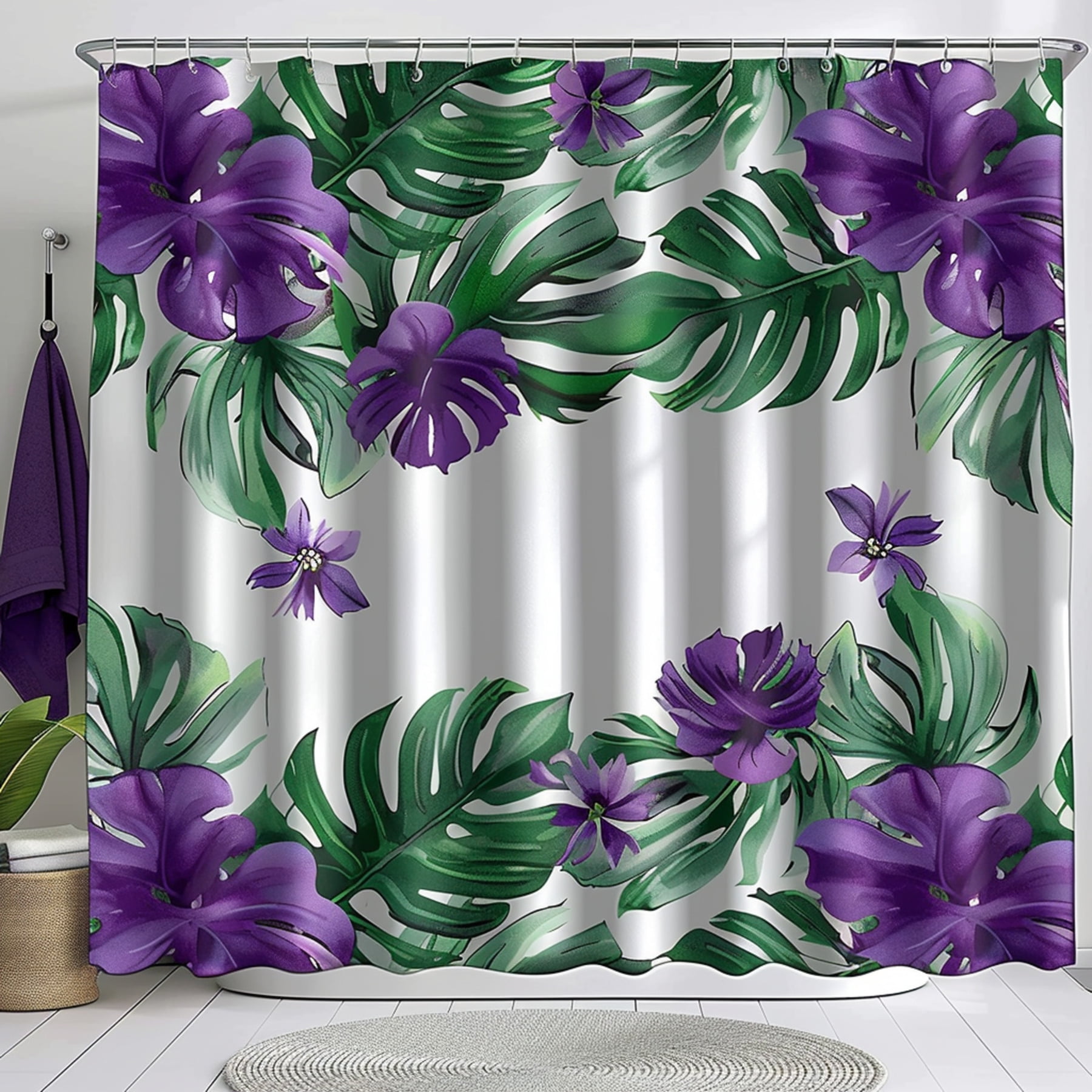 Hyper Realistic Purple and Green Tropical Leaves Shower Curtain Set ...