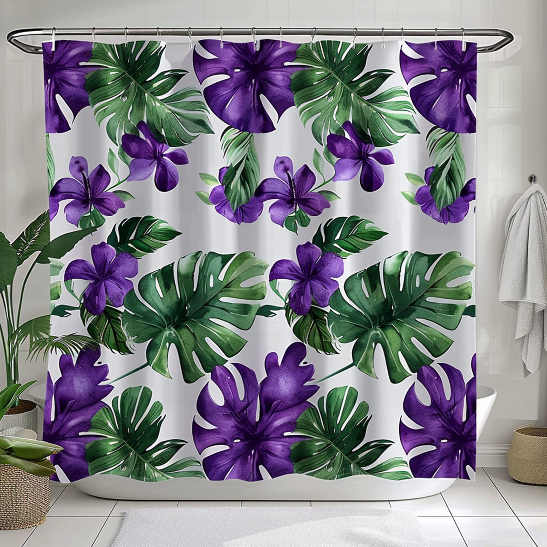 Hyper Realistic Purple And Green Tropical Leaves Shower Curtain With
