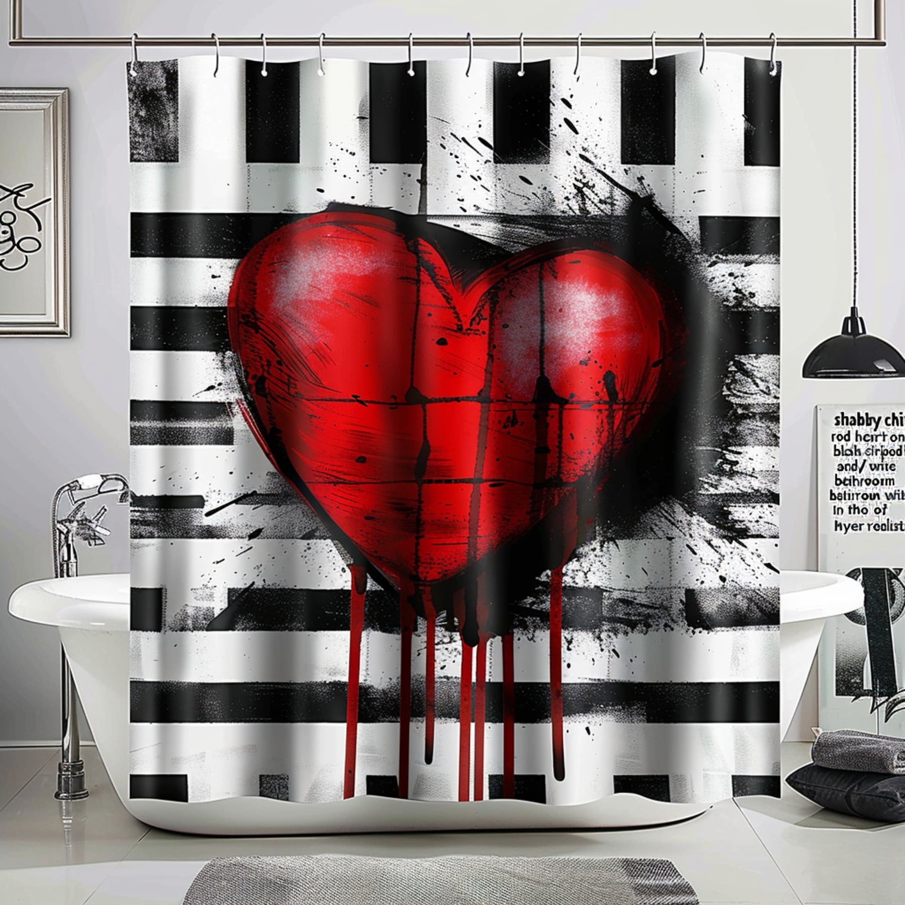 Hyper Realistic Red Heart Shower Curtain Black and White Striped Design ...