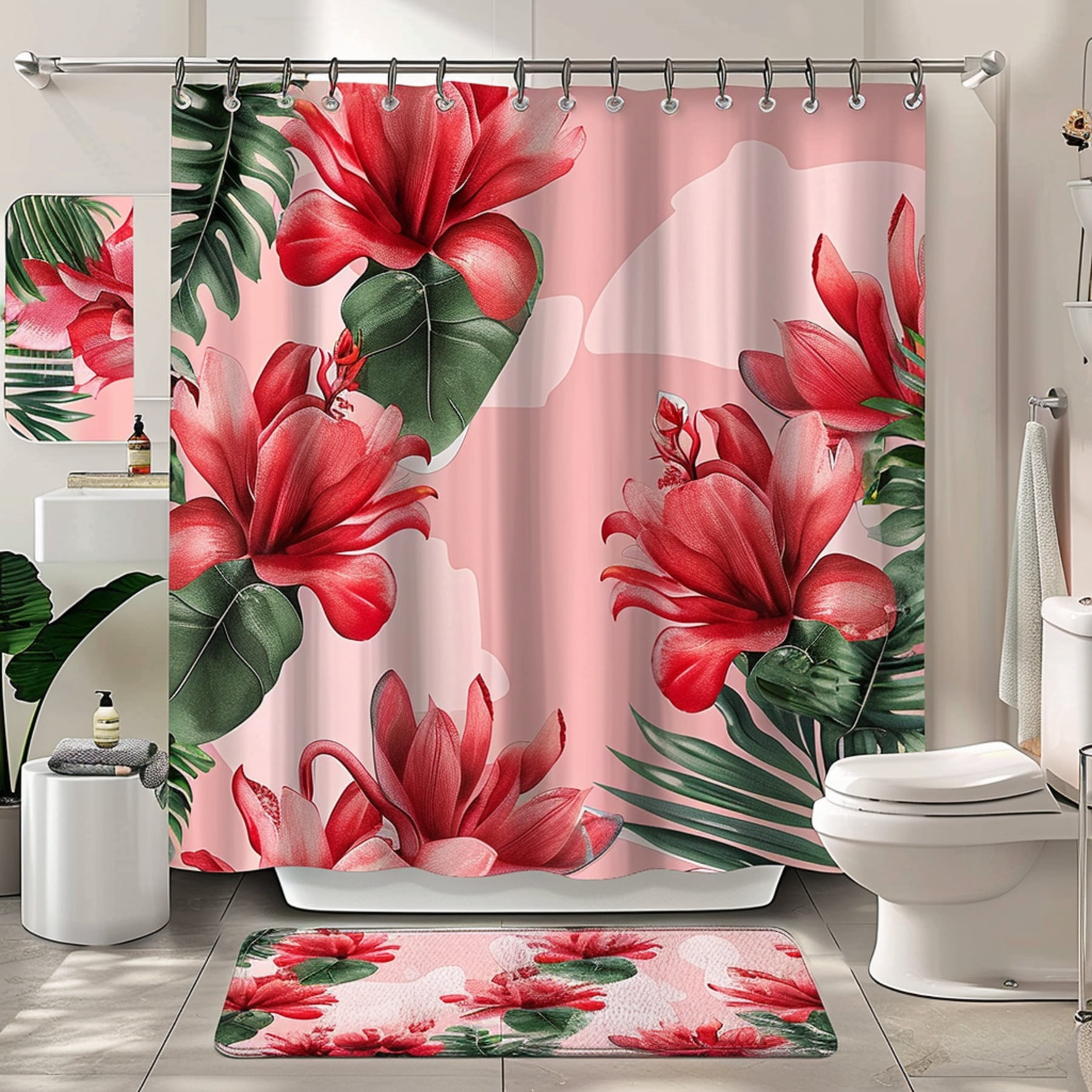 Hyper Realistic Red Tropical Flowers Bathroom Decor Set Art Deco Style ...