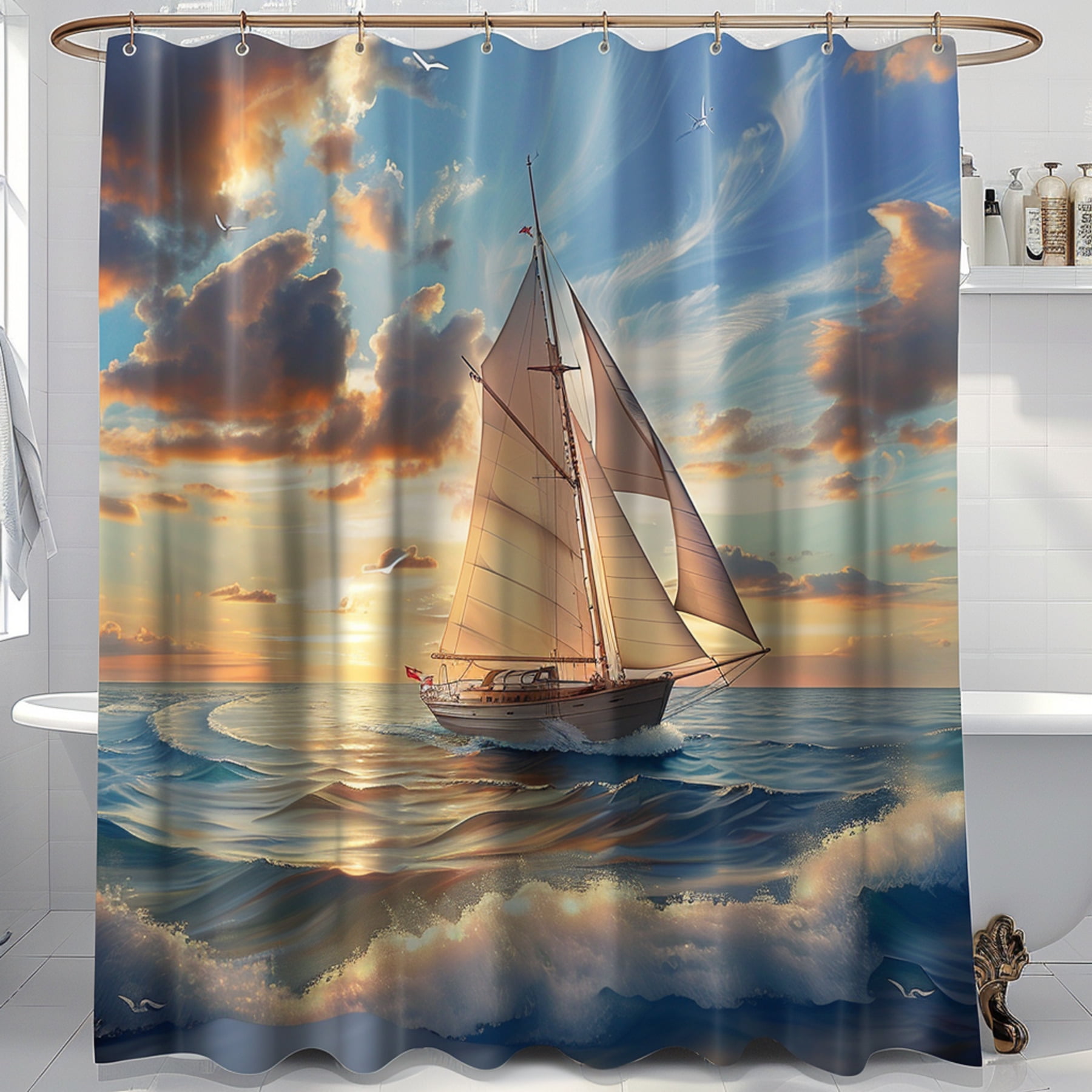 Hyper Realistic Sailboat Ocean Scene Shower Curtain Detailed Nature