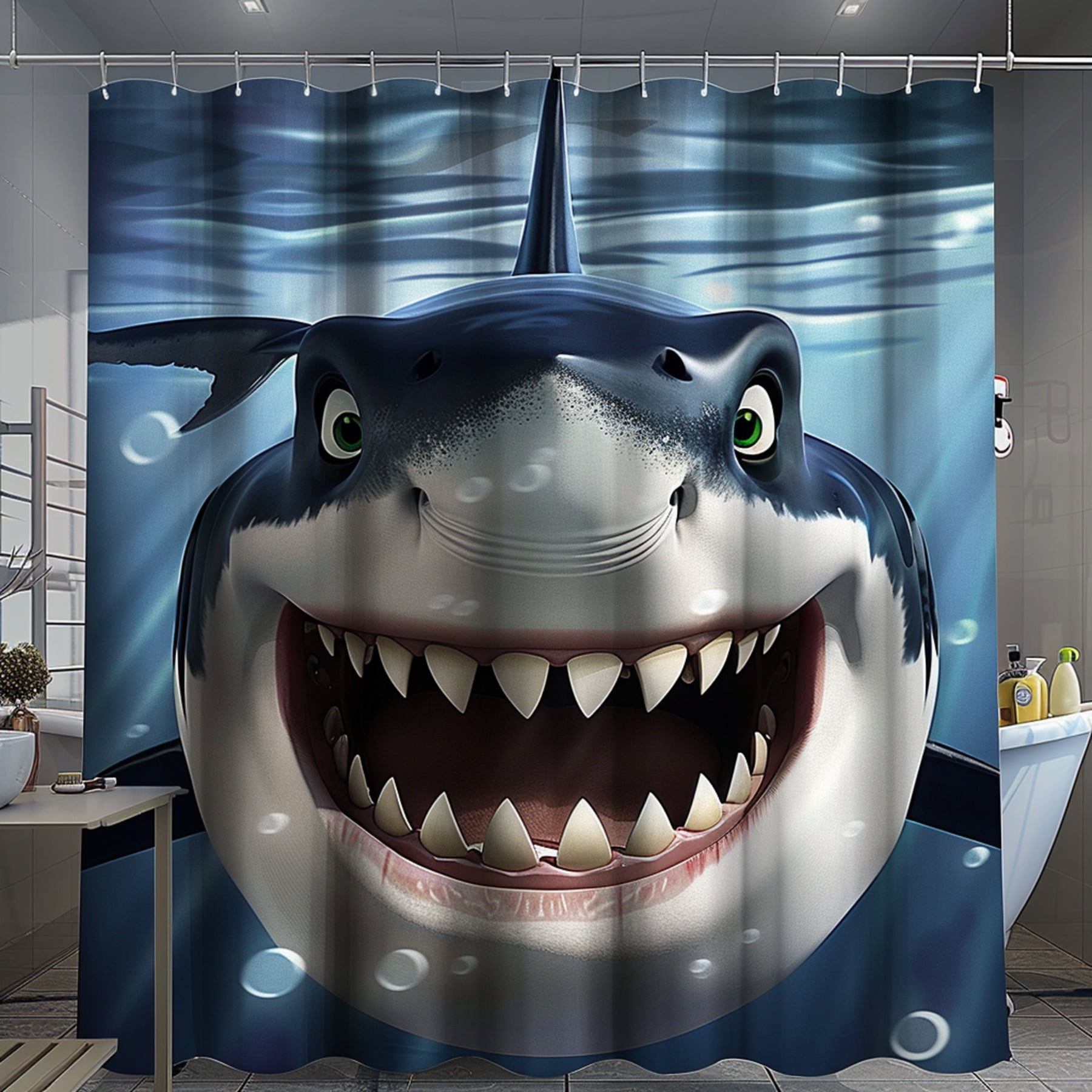 Hyper Realistic Shark Cartoon Character Bathroom Curtain with Big Teeth ...