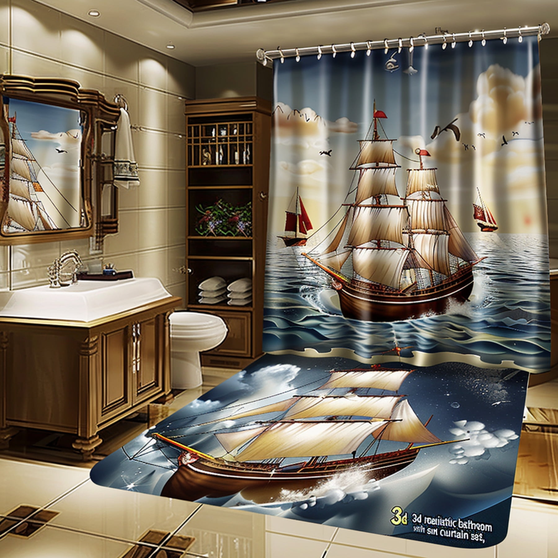Hyper Realistic Ship Themed Bathroom Set and Curtain Shower Decor ...