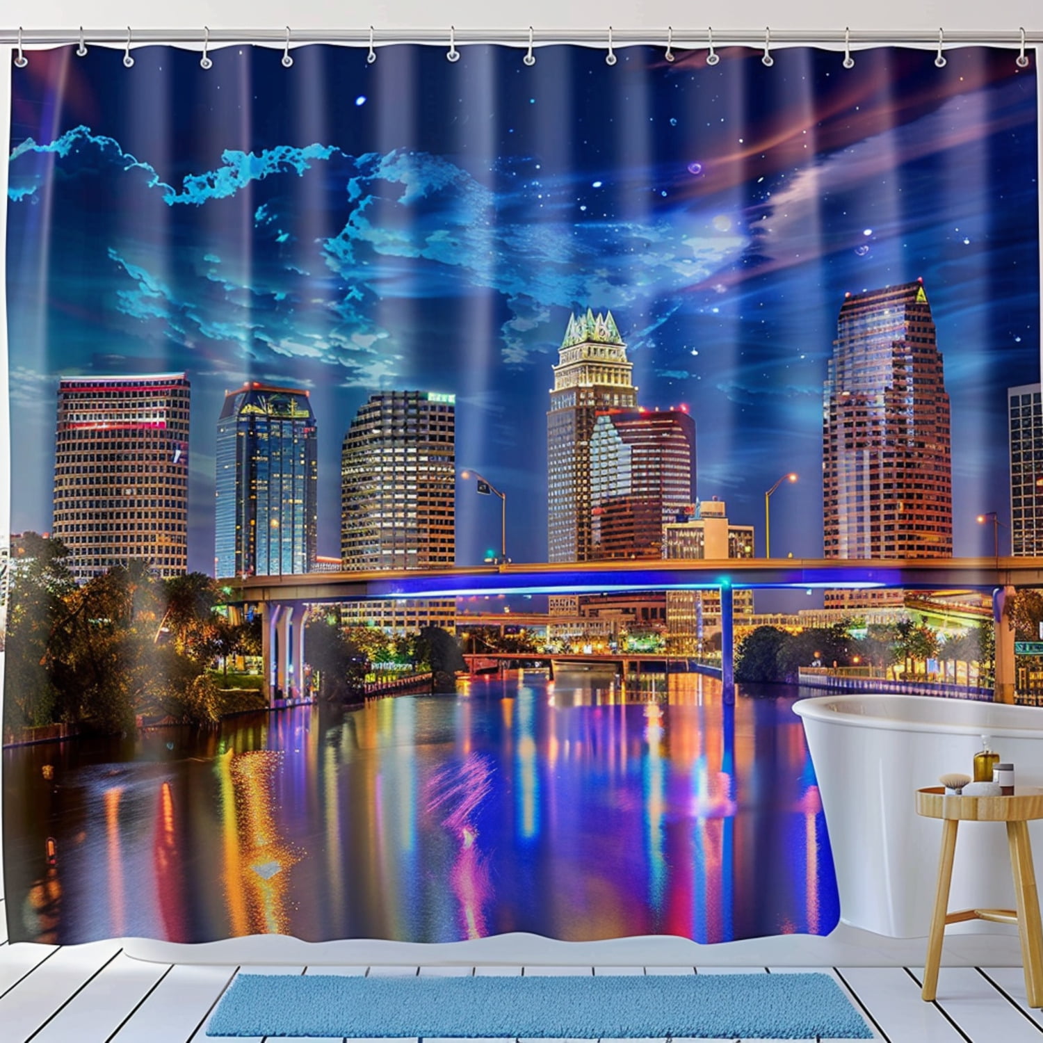 Hyper Realistic Tampa Skyline Shower Curtain With River Bridge At Night
