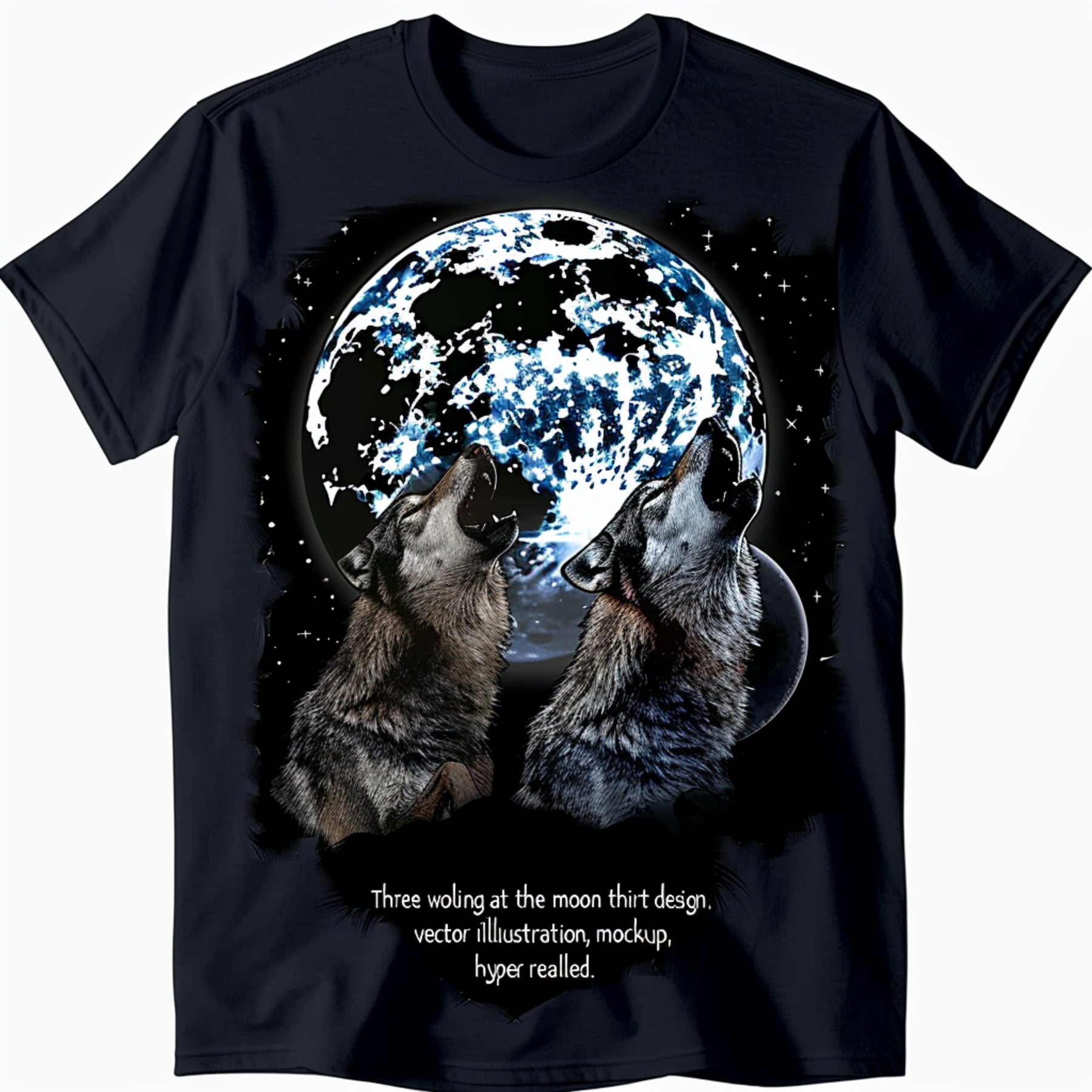 Hyper Realistic Three Wolves Howling at Moon Black TShirt Vector ...