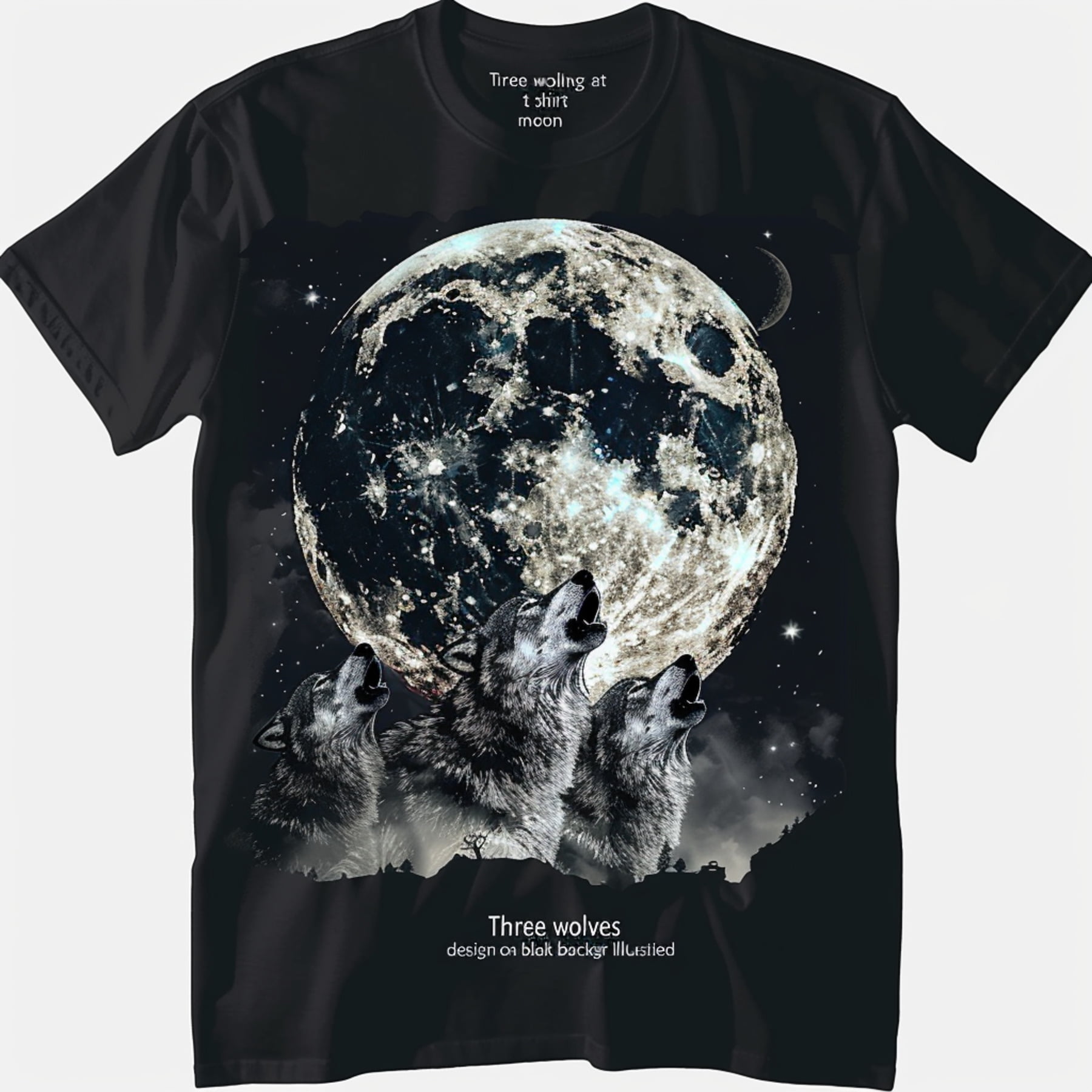 Hyper Realistic Three Wolves Howling at the Moon TShirt Design on Black ...