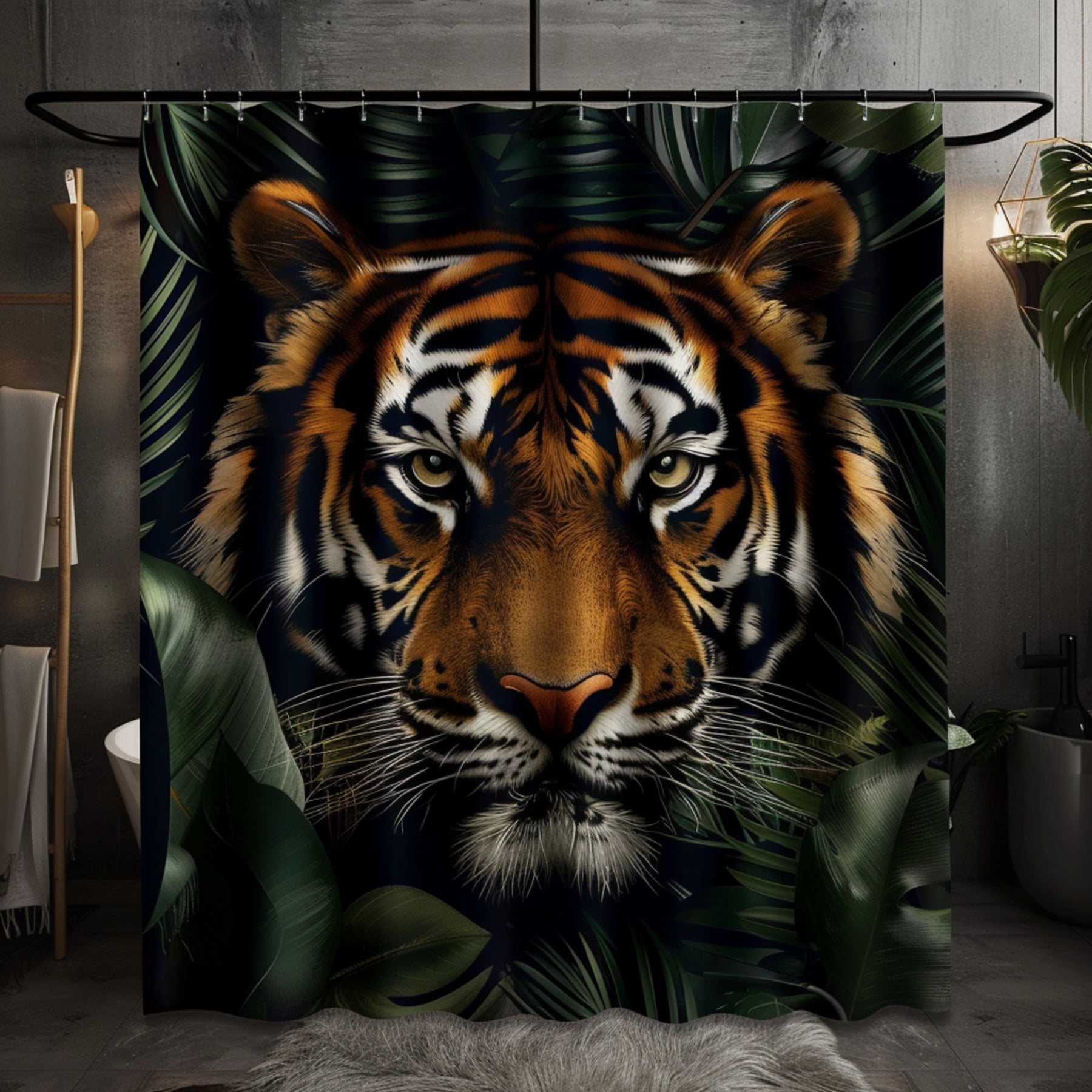 Hyper Realistic Tiger Face Shower Curtain with Jungle Leaves Bathroom ...
