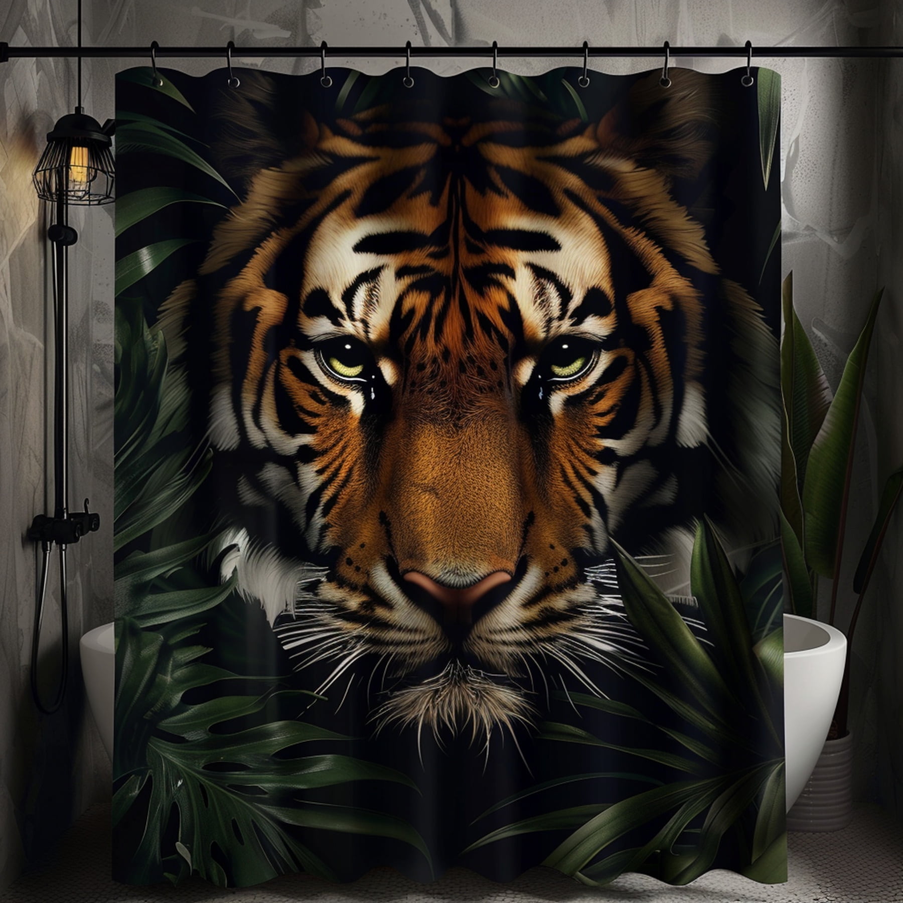 Hyper Realistic Tiger Face with Jungle Leaves Shower Curtain Detailed ...
