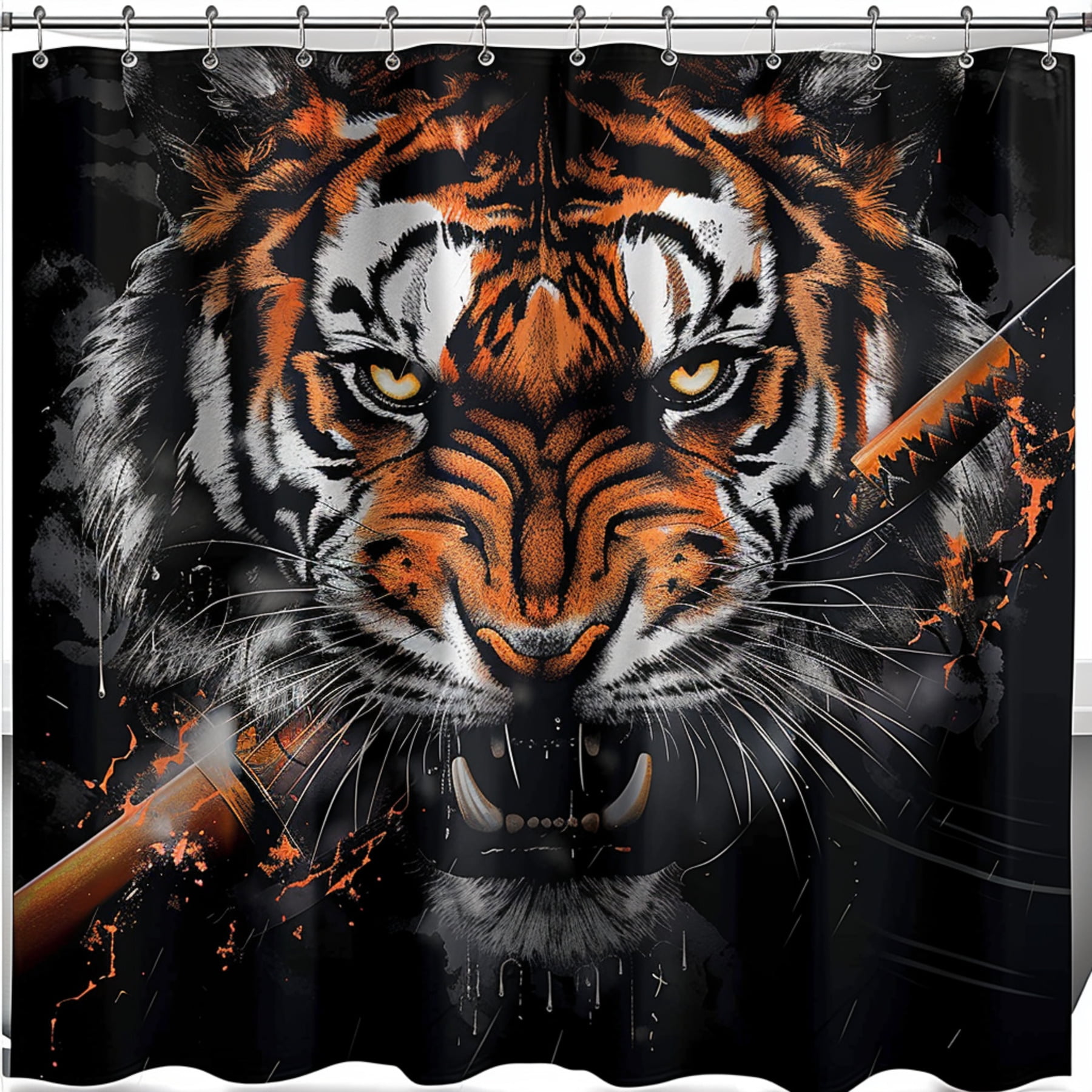 Hyper Realistic Tiger with Katana Shower Curtain Black Background ...