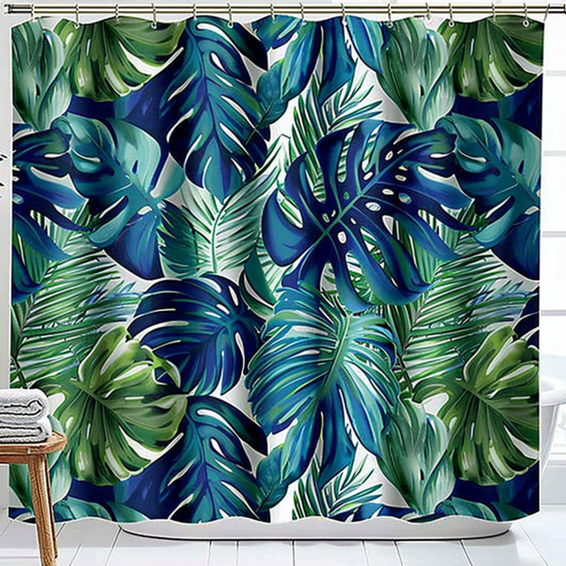 Hyper Realistic Tropical Leaf Shower Curtain In Dark Blue And Green