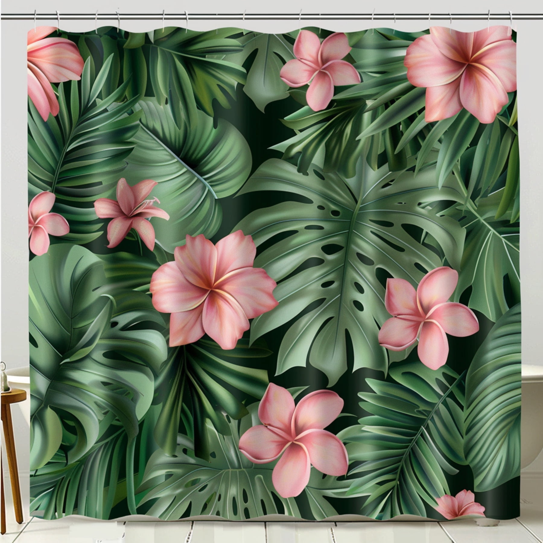 Hyper Realistic Tropical Leaves & Pink Flowers Shower Curtain Green ...