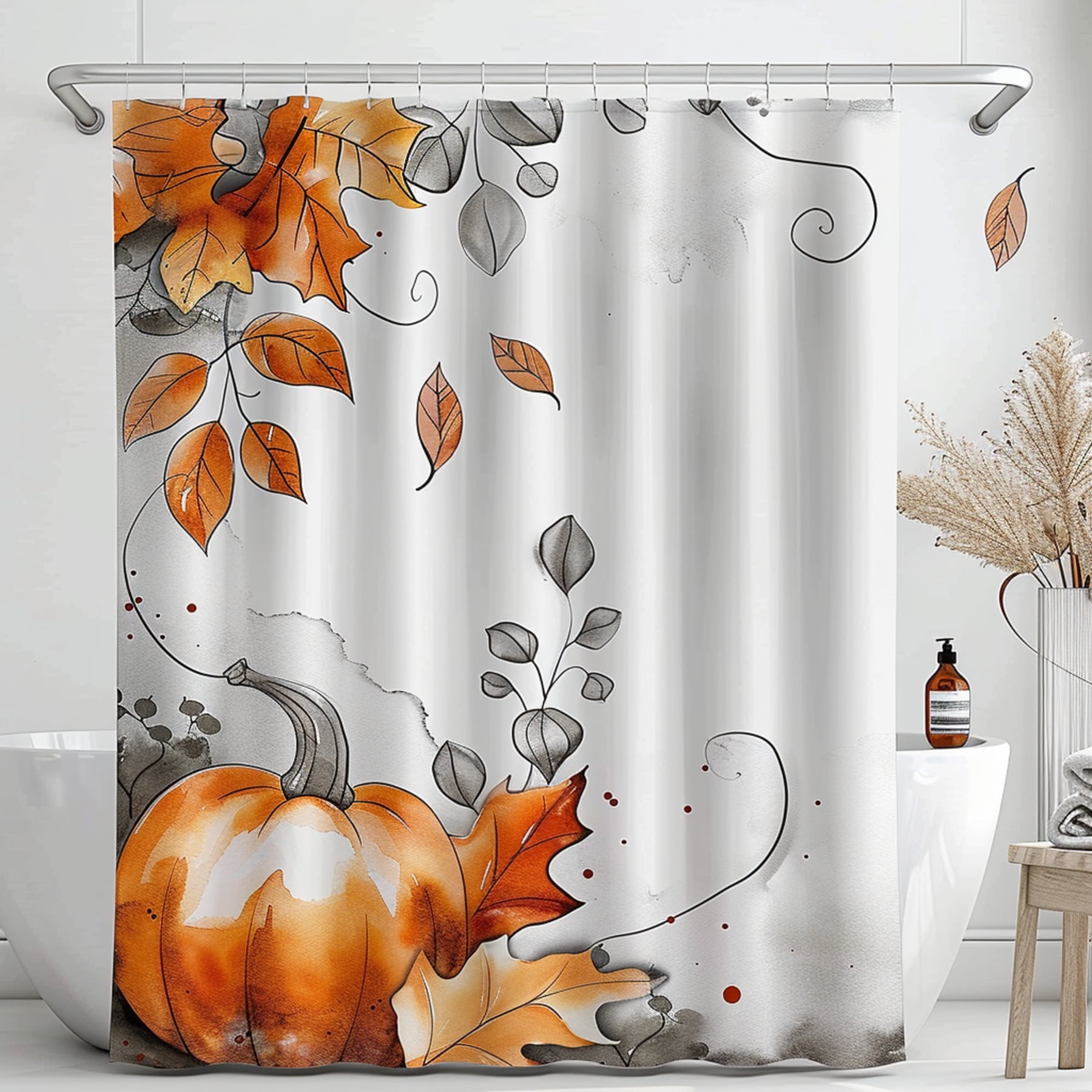 Hyper Realistic Watercolor Autumn Pumpkin and Leaves Shower Curtain ...