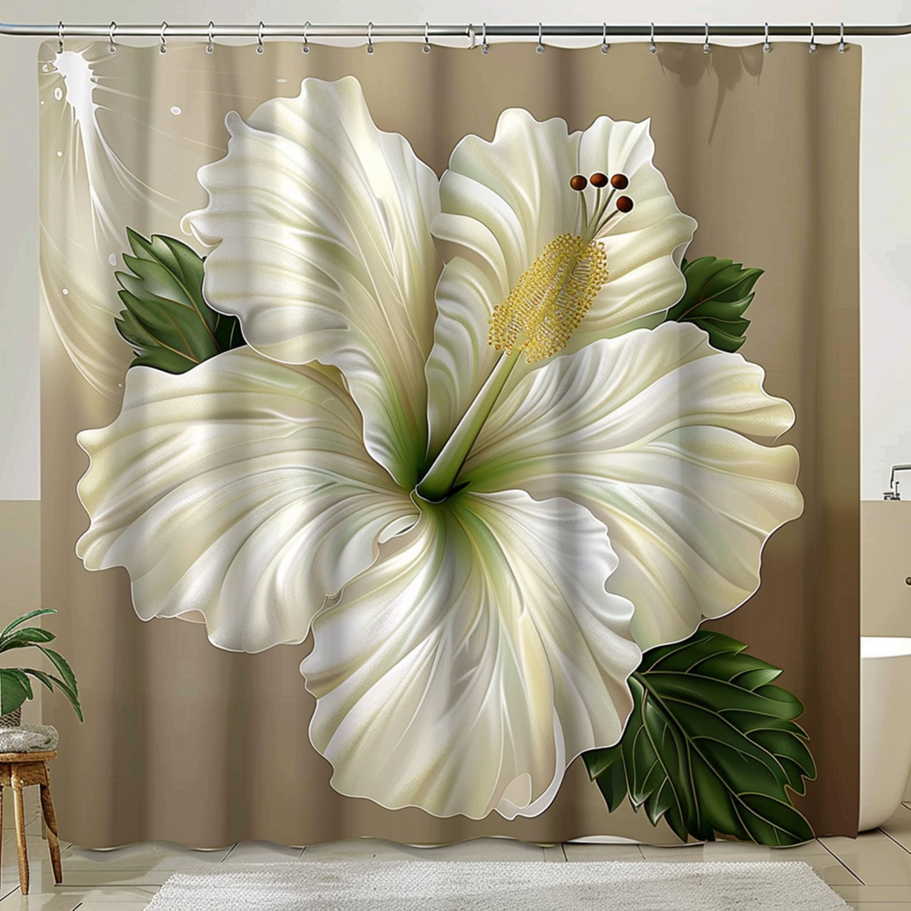 Hyper Realistic White Hibiscus Flower Shower Curtain Design with Green ...