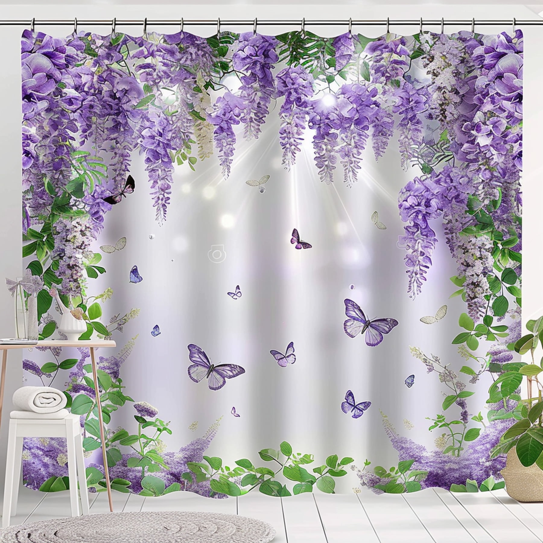 Hyper Realistic Wisteria & Butterfly Shower Curtain Purple Flowers ...