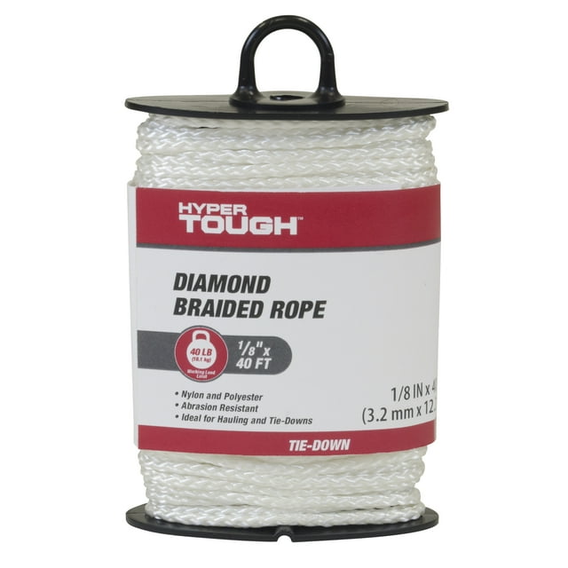 Hyper Tough 1/8" x 40' Nylon Diamond Braided Rope, White - Walmart.com