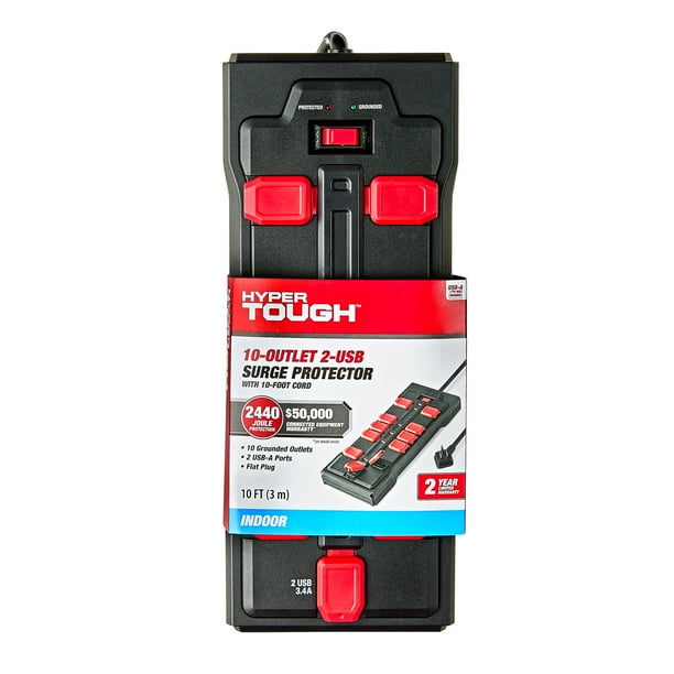 Hyper Tough, 10 Outlets, Power Strip, 10 feet Cord, 2 USB-a, Maximum ...