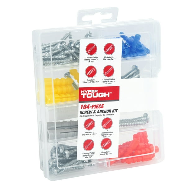 Hyper Tough 104-Piece Screw and Plastic Drywall Anchor Assortment with Case, 3308 - Walmart ...