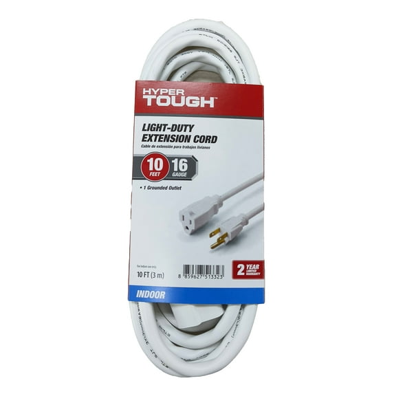Hyper Tough Indoor Extension Cord 10FT 16AWG 3-Prong White Single ...