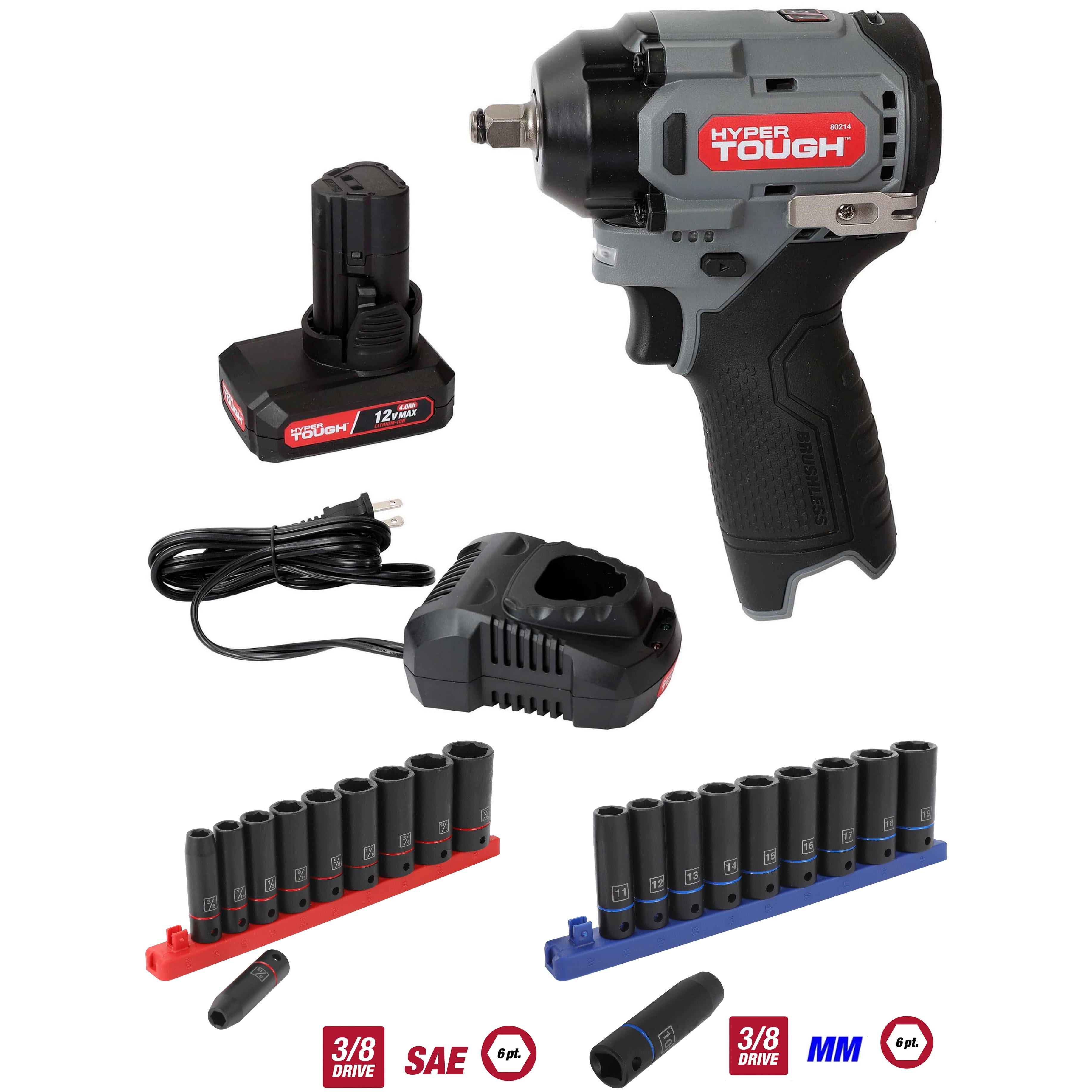 Hyper Tough 12V Max Cordless Brushless Impact Wrench and 22-Piece 3/8 ...