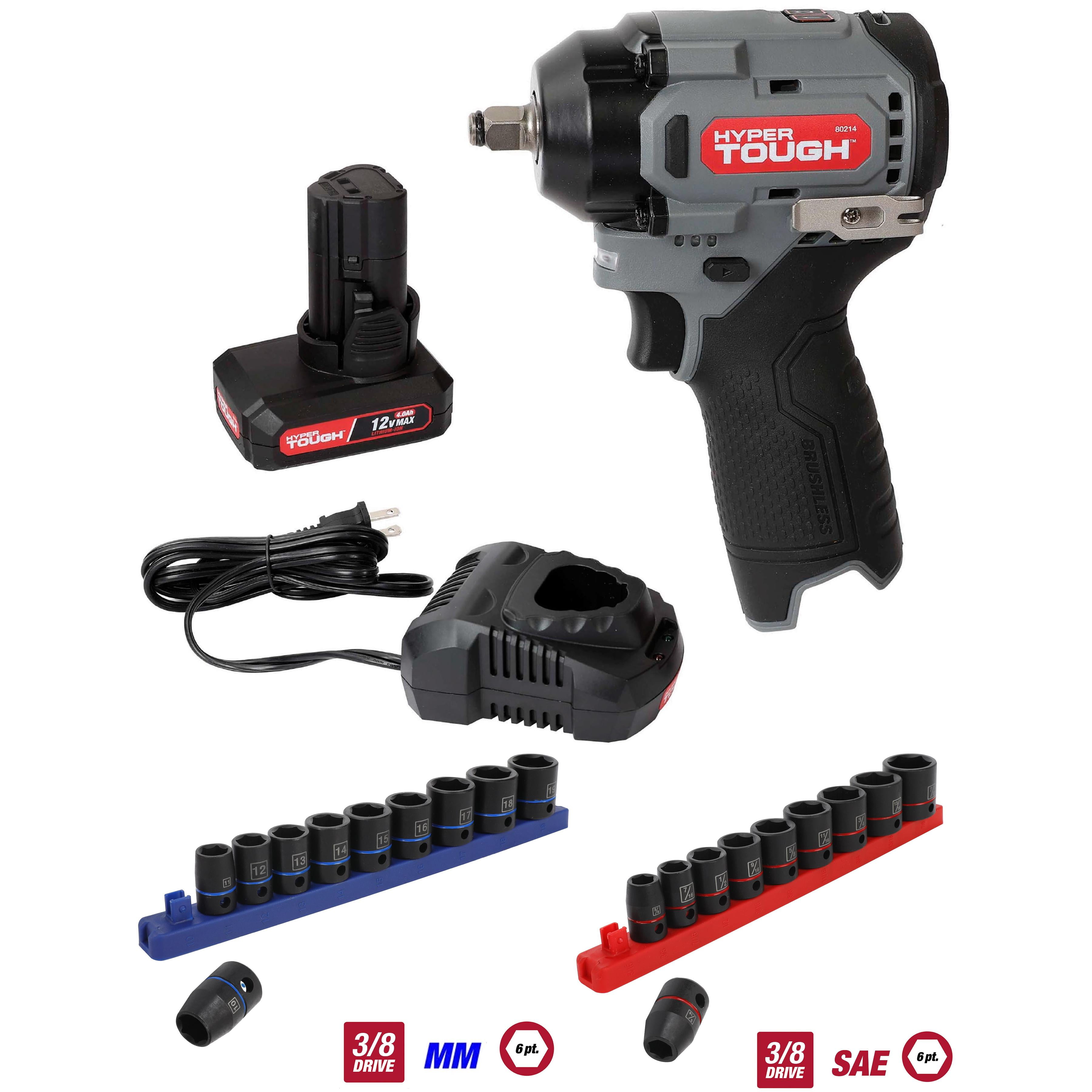 Hyper Tough 12V Max Cordless Brushless Impact Wrench and 22-Piece 3/8 ...