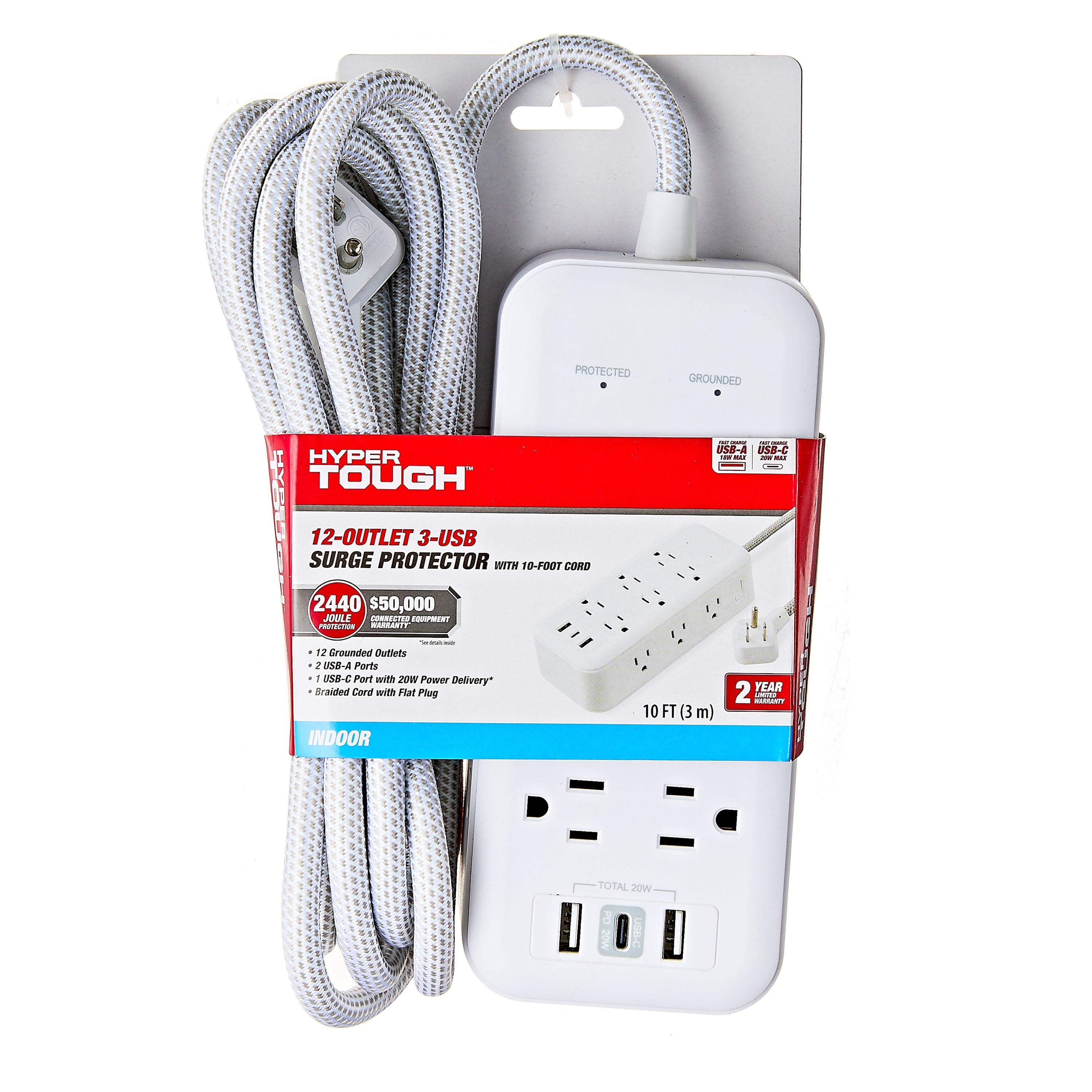 Hyper Tough 12 Space Saving Outlet with 3-USB 2A+1C Fast Charger Surge ...