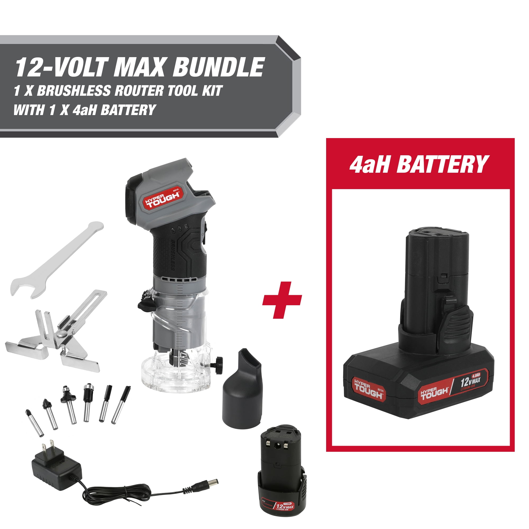 Hyper Tough 12-Volt Cordless Brushless Router Kit Plus 4 Ah Battery ...