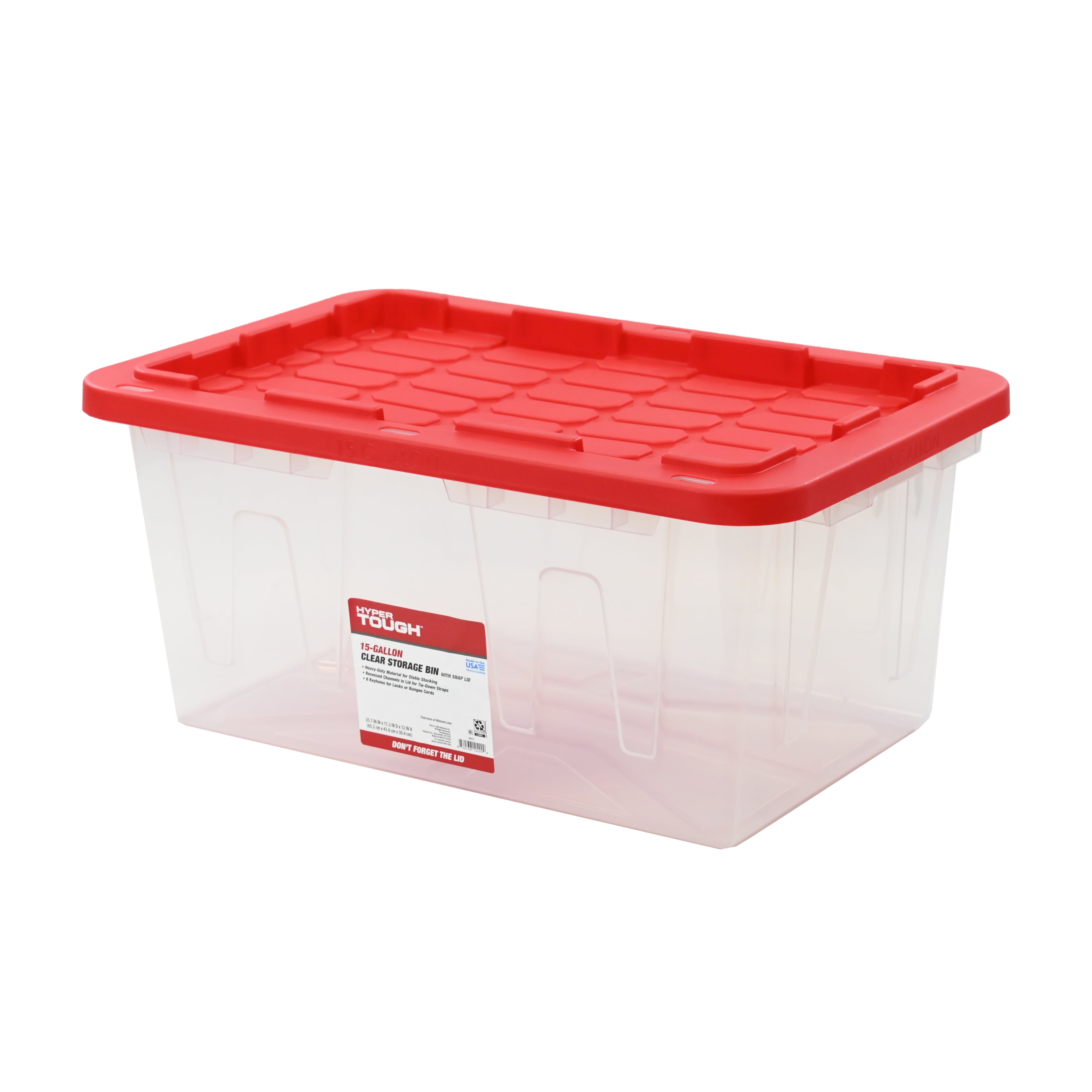 Hyper Tough 15 Gallon Clear Plastic Storage Bin with Red Snap Lid for ...