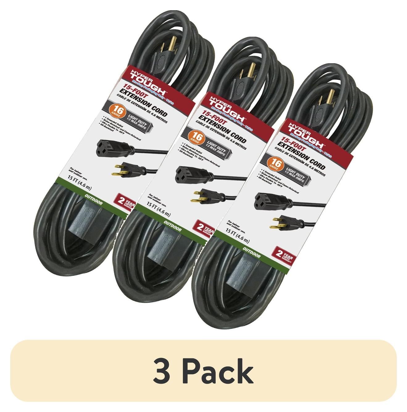 (3 pack) Hyper Tough 15FT 16AWG 3 Prong Black Outdoor/Indoor Use Single ...