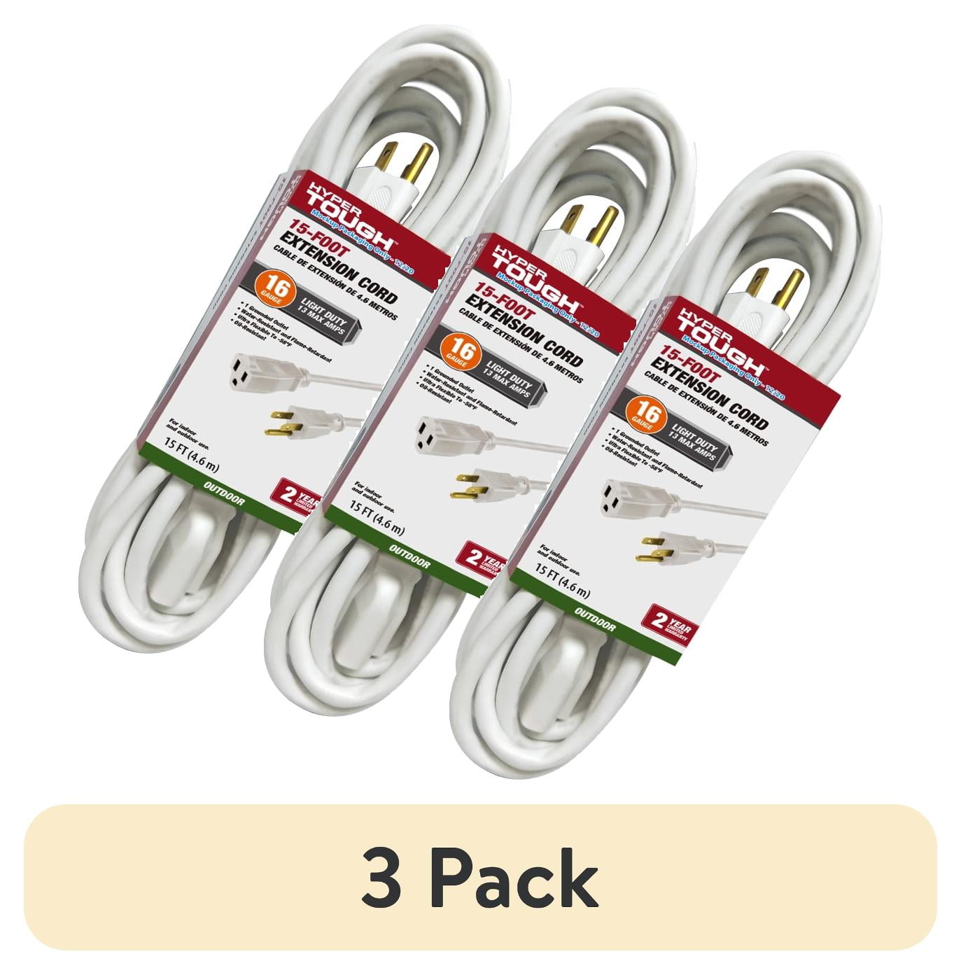 (3 pack) Hyper Tough 15FT 16AWG 3 Prong White Outdoor/Indoor Use Single ...