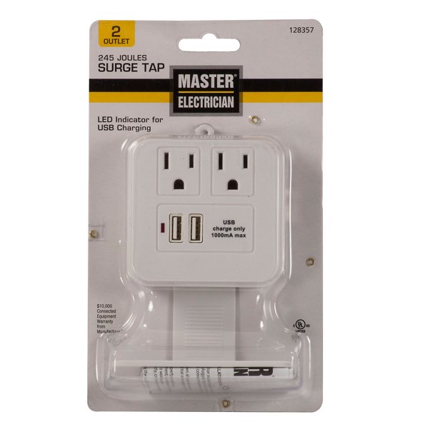 Hyper Tough 2 Outlet Surge Tap With USB White - Walmart Business Supplies