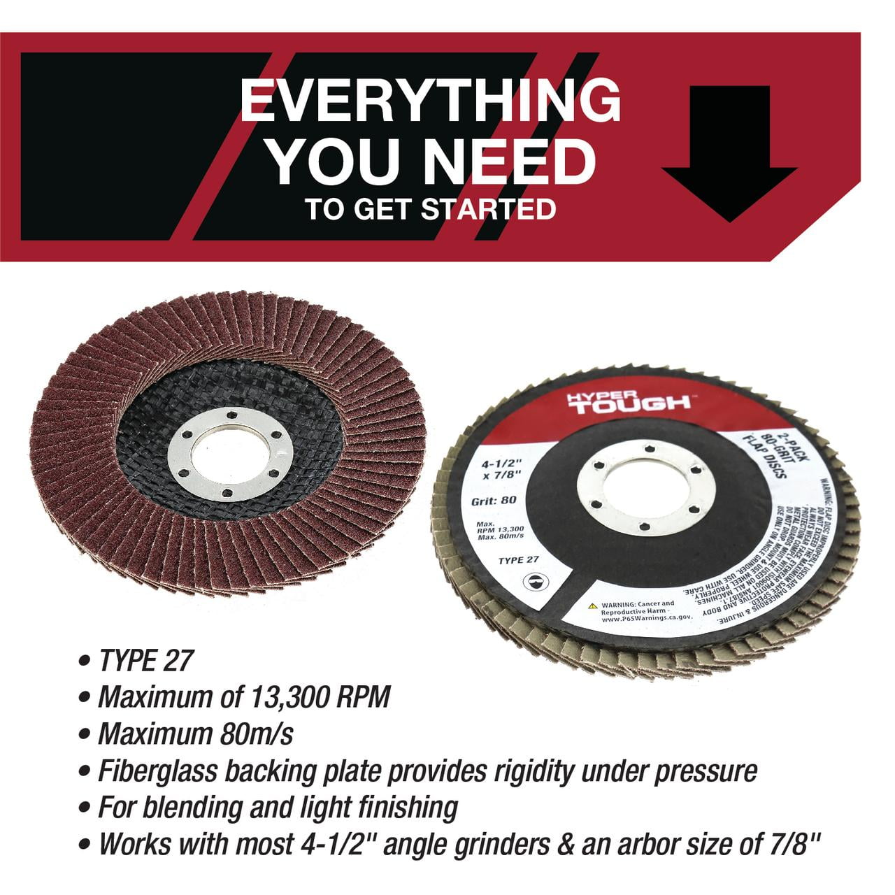 Hyper Tough 2 Pack 80 Grit Flap Discs Abrasive Material 4-1/2 inch ...