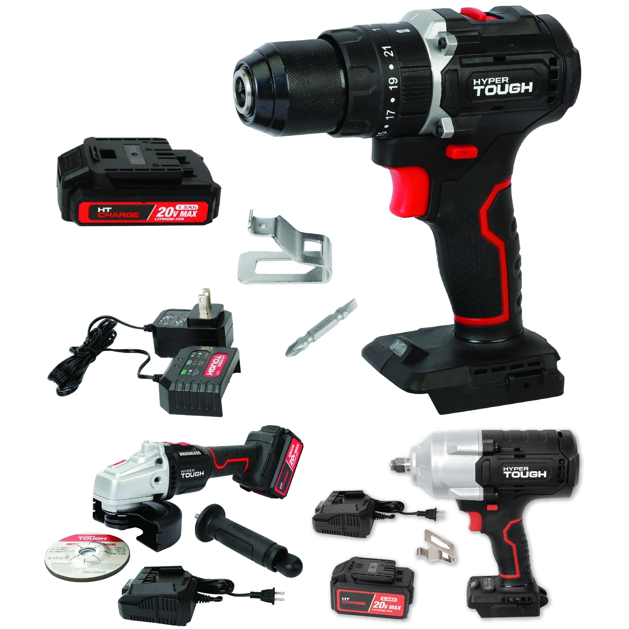 Hyper Tough 20V Brushless Cordless Hammer Drill, Angle Grinder, and High-Torque Impact Wrench ...