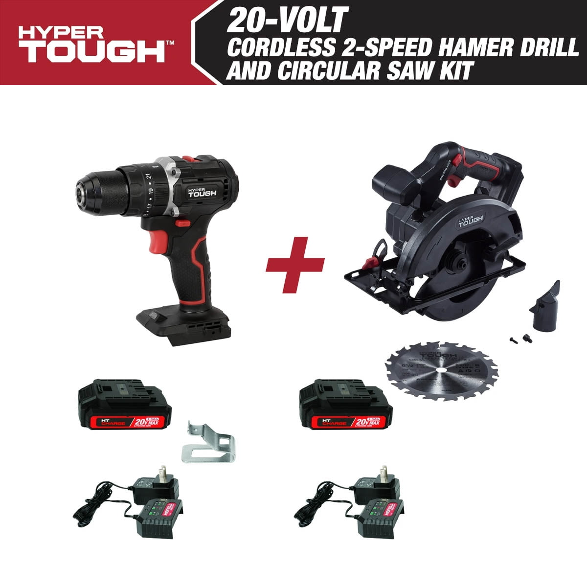 Hyper Tough 20V Cordless 1/2” 2-Speed Hammer Drill & Circular Saw ...