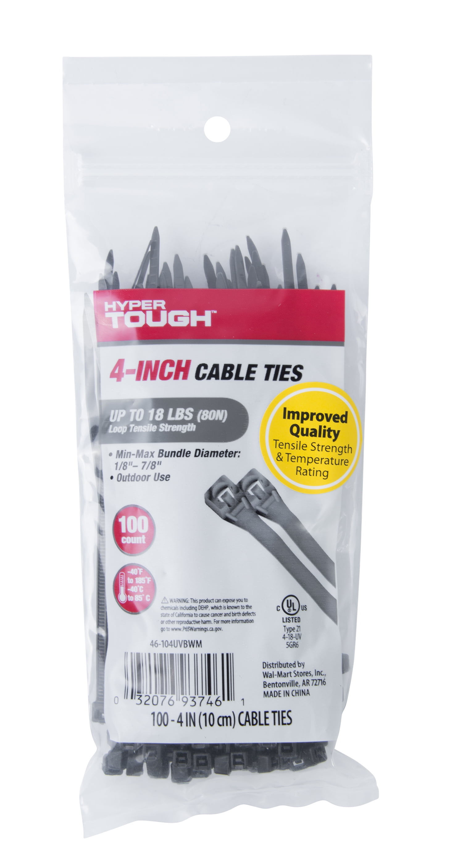 Hyper Tough 4-Inch Cable Tie, UV Black 18 lb Tensile Strength 100-Pack ...