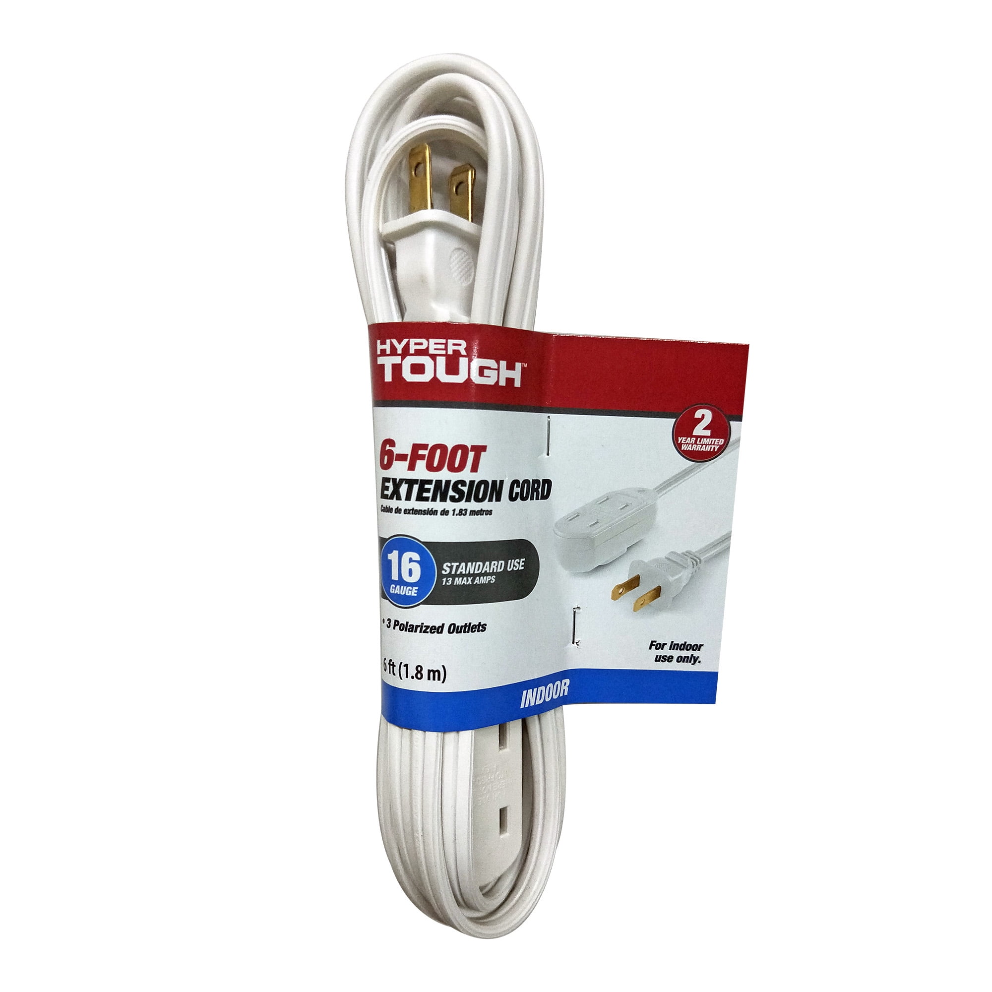 Hyper Tough 6 FOOT 16/2 Extension Cord White For Indoor use - Walmart.com