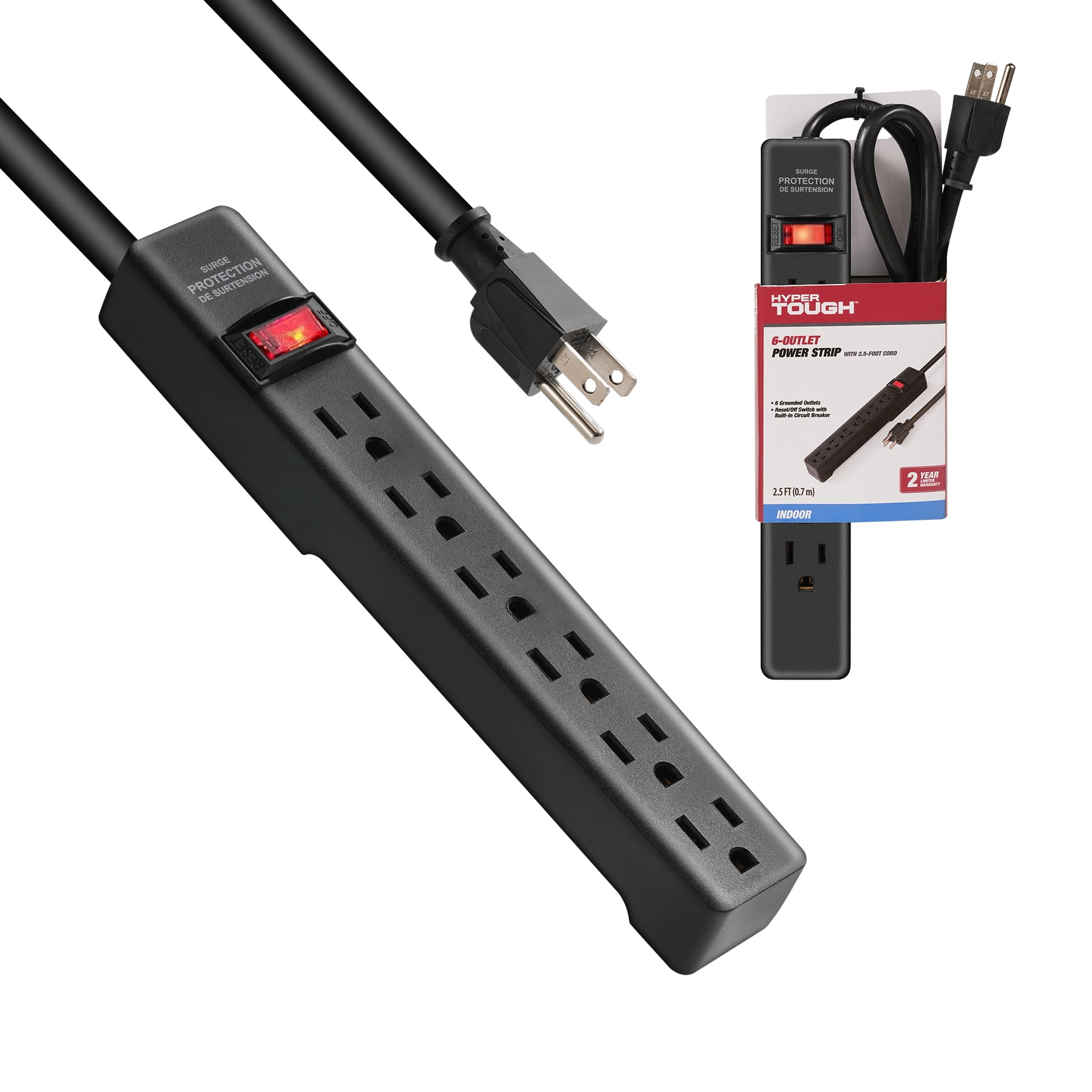 Hyper Tough Surge Protector with 6 Outlets and 2.5ft Cord, 500-Joule ...