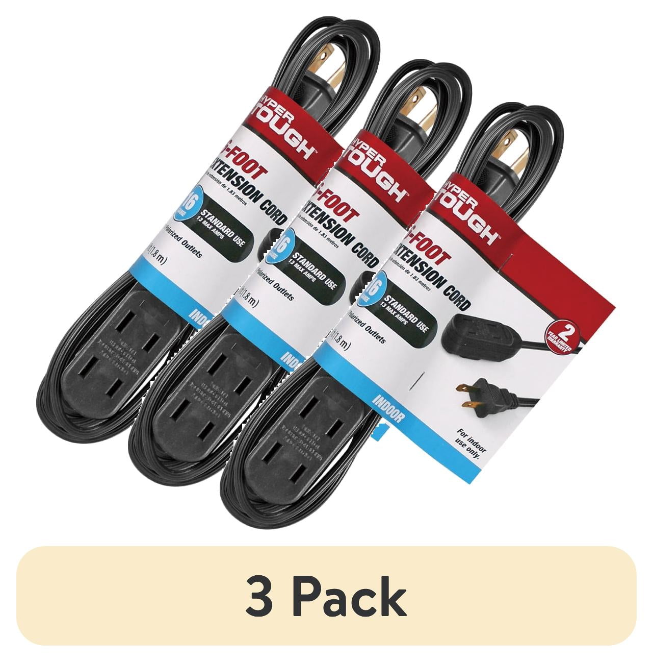 (3 pack) Hyper Tough 6FT 16AWG 2 Prong Black Indoor Household Extension ...
