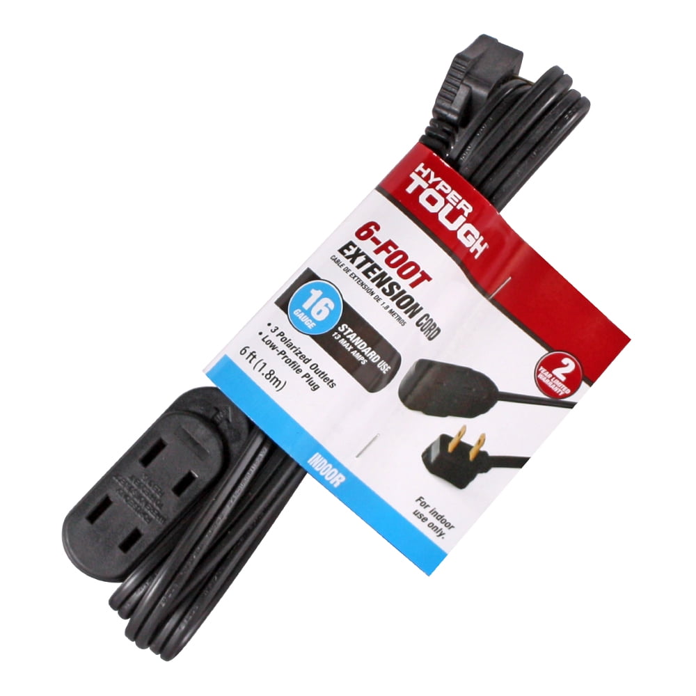 Hyper Tough Indoor Extension Cord 6FT 16AWG 2 Prong Black 125V 13A ...
