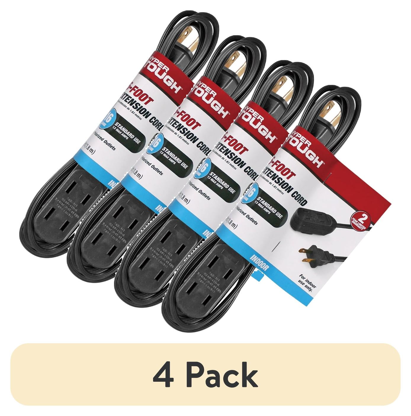 (4 pack) Hyper Tough 6FT 16AWG 2 Prong Black Indoor Household Extension ...