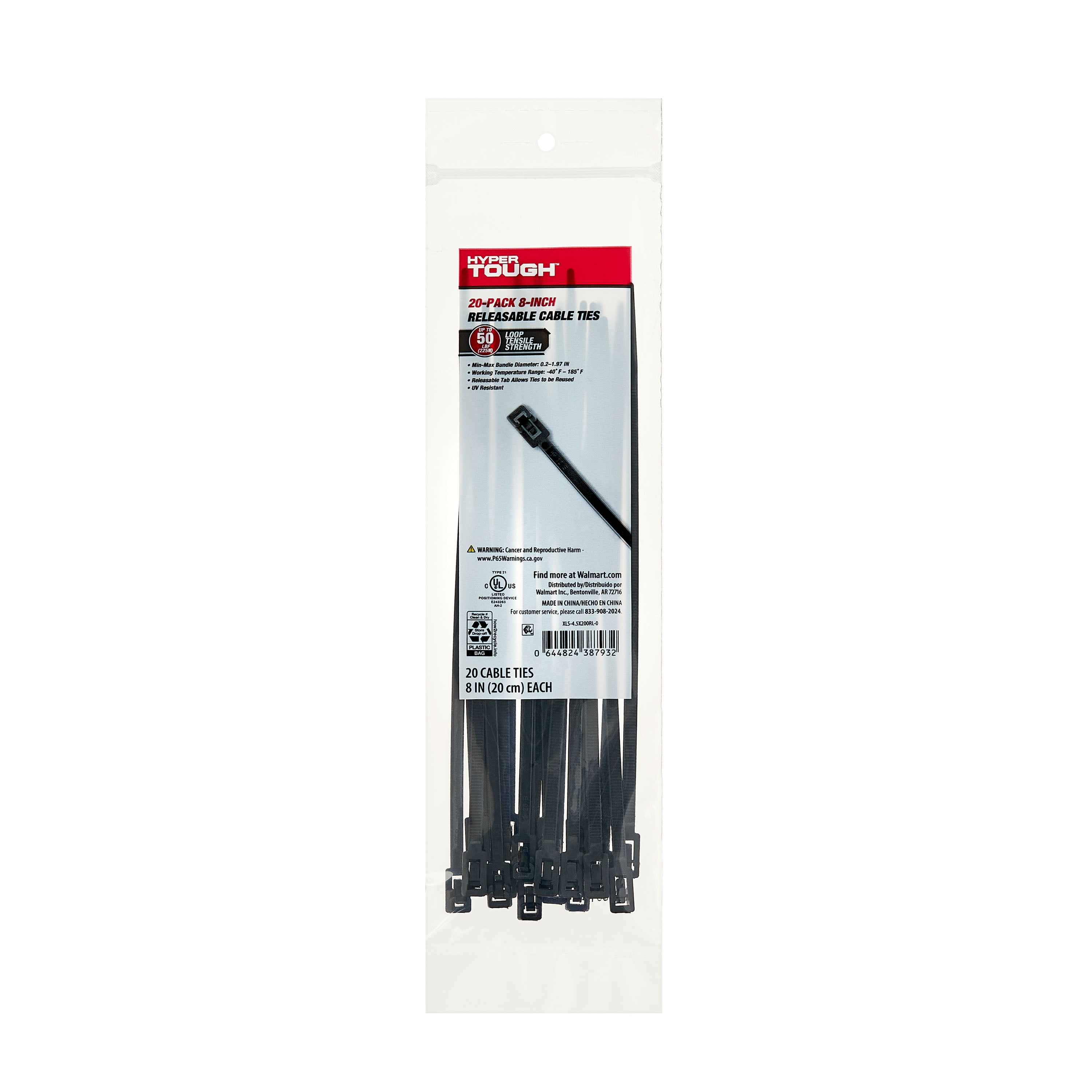 Hyper Tough Releasable 8-Inch Cable Ties Black 20 Count for Organizing ...