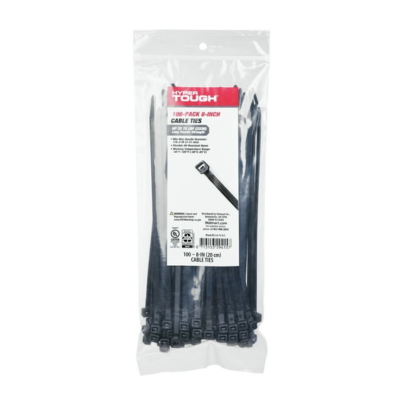 Hyper Tough 8 inch Black Nylon Cable Ties 75 LBF Resistance 100 Pieces ...