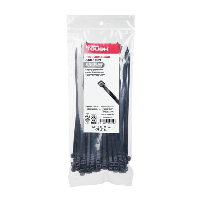 Hyper Tough 8 inch Cable Tie 75lbf Black Color 100Pcs - Walmart ...