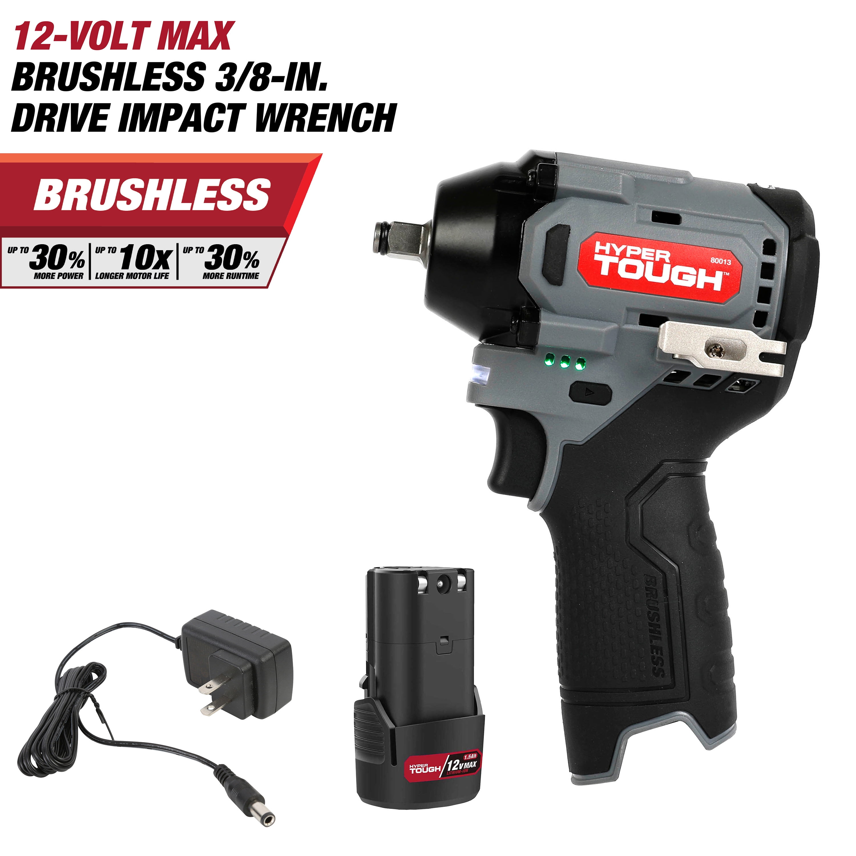 Hyper Tough 80013 12V, Max Brushless 3/8-inch Impact Wrench 2.0 Ah 2500 ...