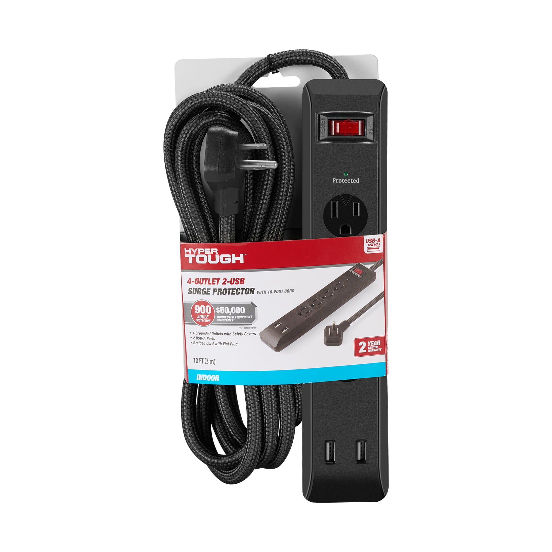 Hyper Tough Indoor 4-Outlet 10ft Braided Cable Surge Protector 900 ...