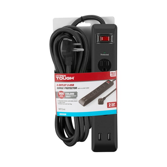 Hyper Tough Indoor 4-Outlet 10ft Braided Cable Surge Protector 900 ...