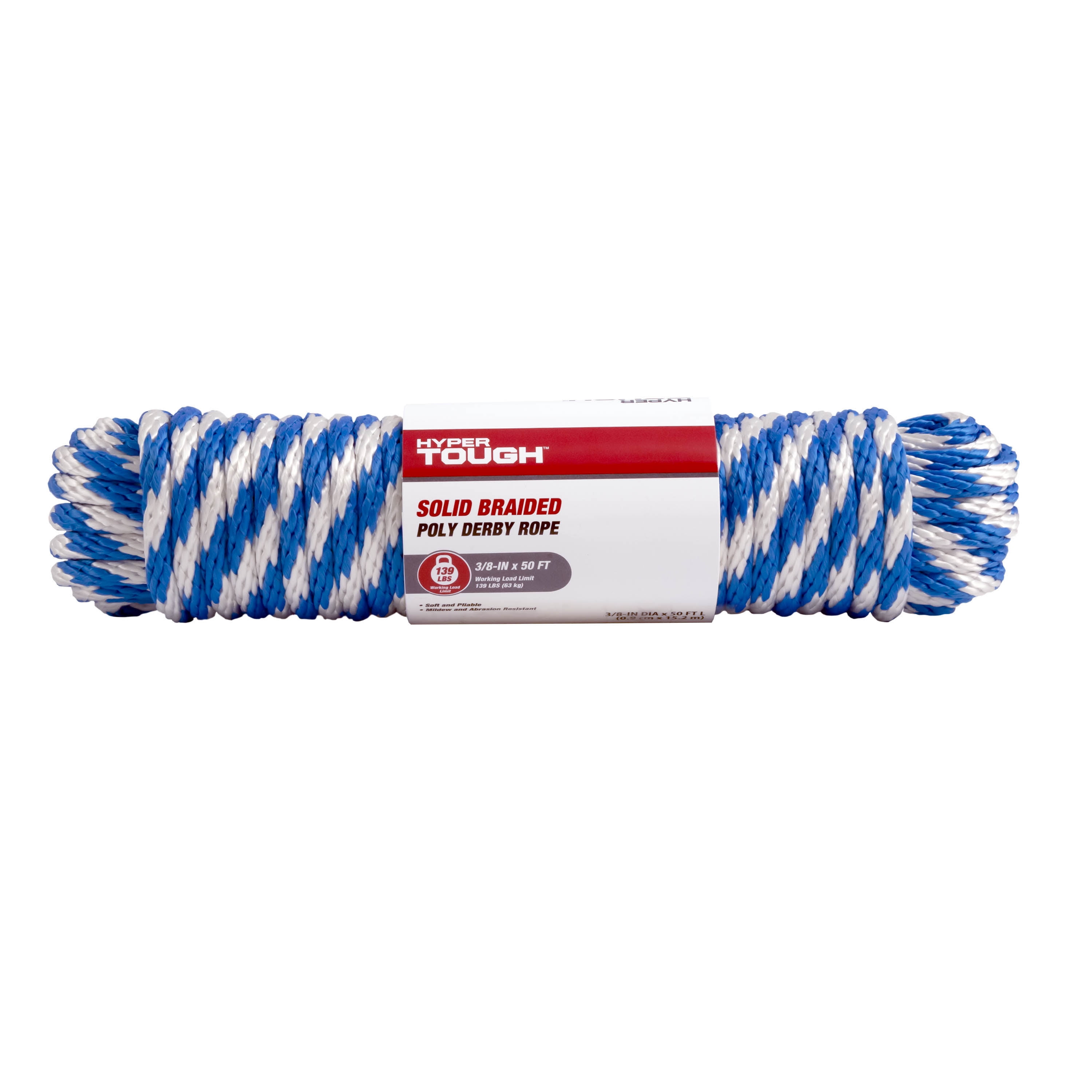 Hyper Tough Polypropylene Solid Braid Rope Blue and White 3/8 X 50 Feet ...