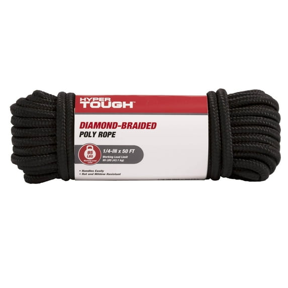 Hyper Tough Polypropylene Diamond Braid Rope, Black, 1/4 inch x 50 feet ...