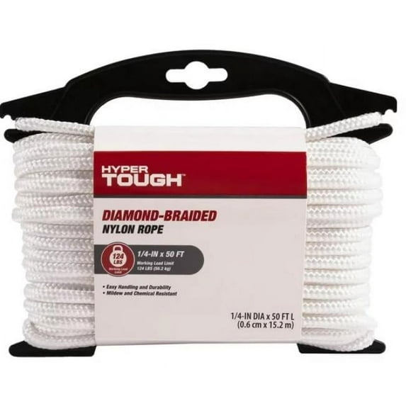 Hyper Tough Nylon Blend Diamond Braid Rope, White, 1/4 inch x 50 feet ...