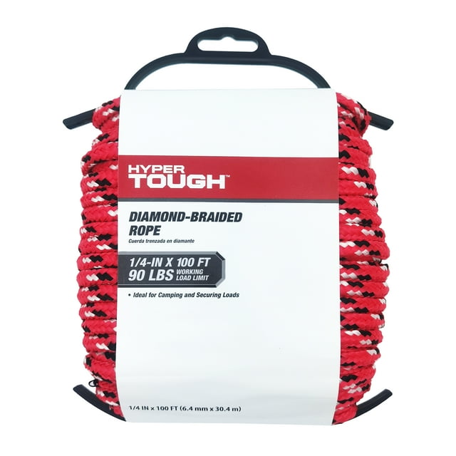 Hyper Tough Polypropylene, Diamond Braided Rope, Red, 1/4 inch x 100 ...